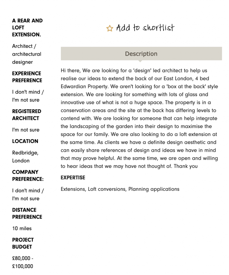 Architects design brief - Design for Me